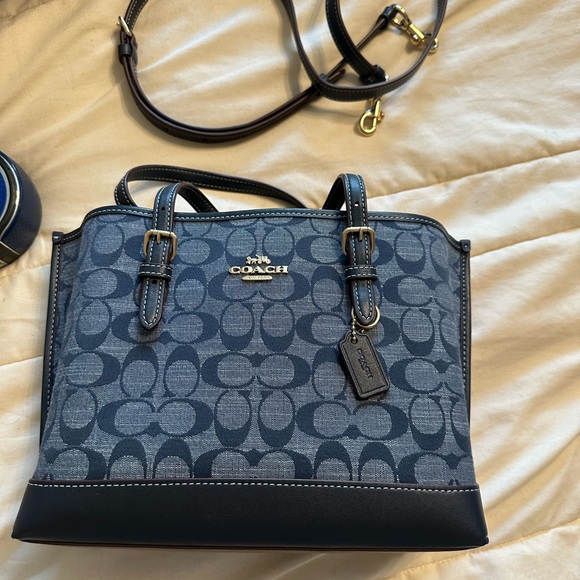 Coach | Bags | Coach Blue And Black Satchel With Signature Monogram ...